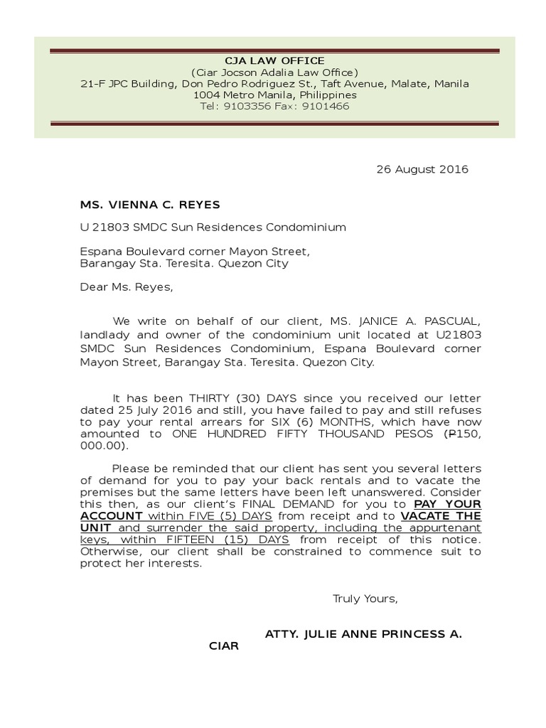Demand Letter to Vacate Condominium Unit | Urban | Property