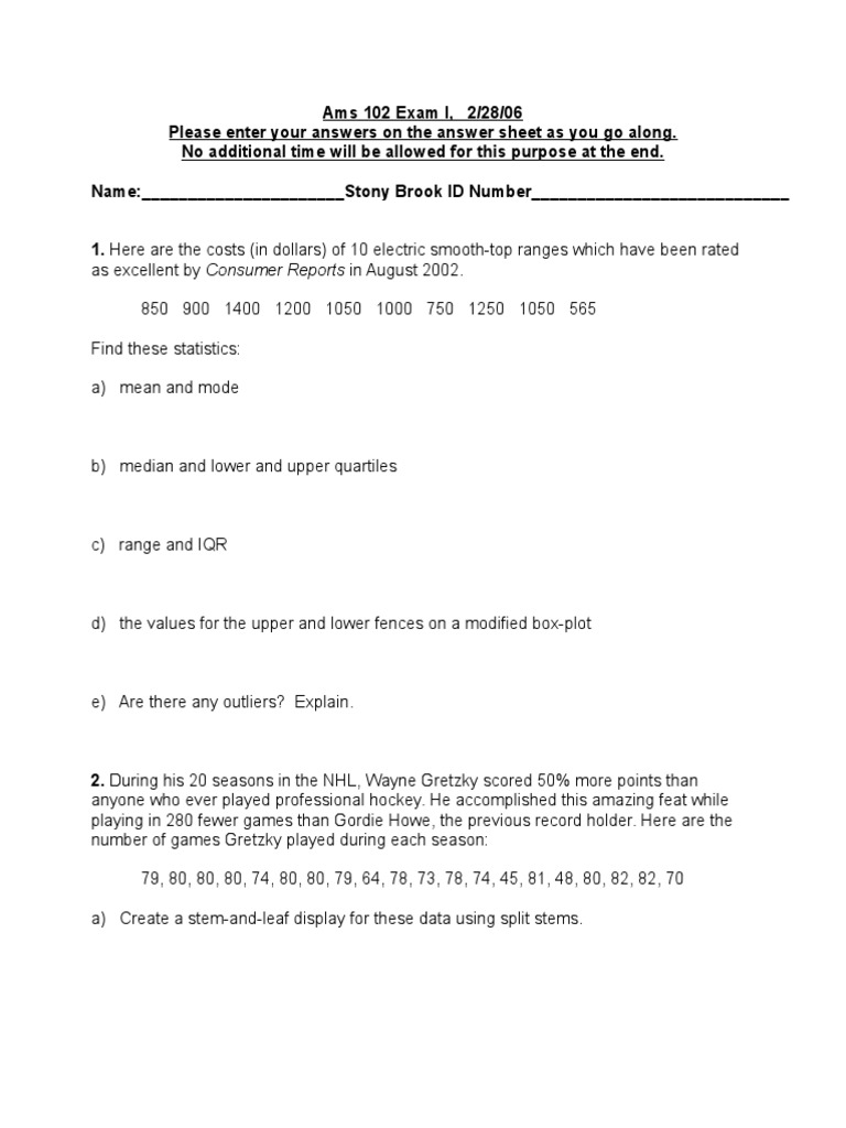 Ams 102 Exam I | PDF | Mean | Standard Deviation