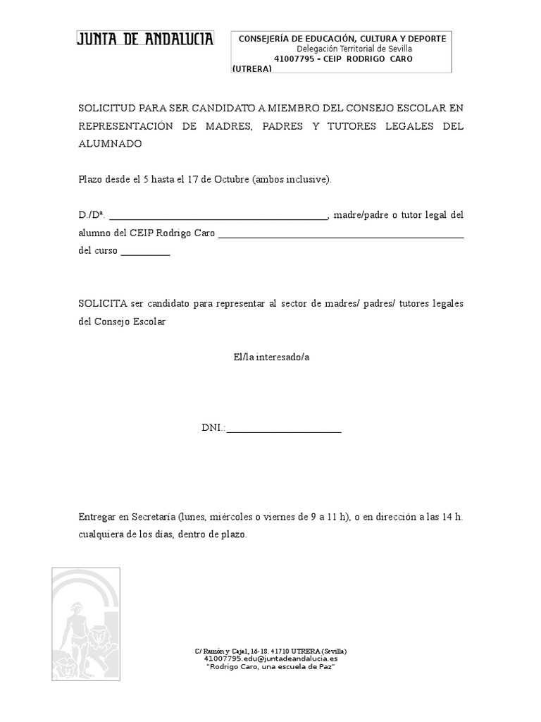 Solicitud para Consejo Escolar CEIP Rodrigo Caro | PDF