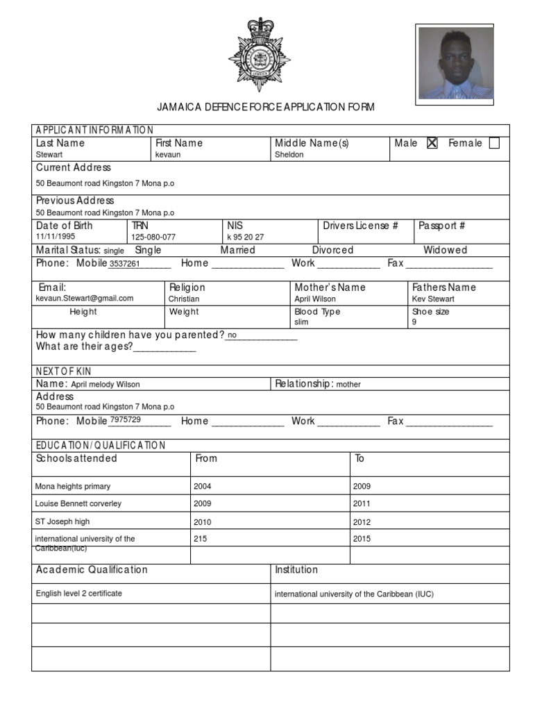 Jamaica Defence Force Application Form - JDF Application-Pdffiller ...