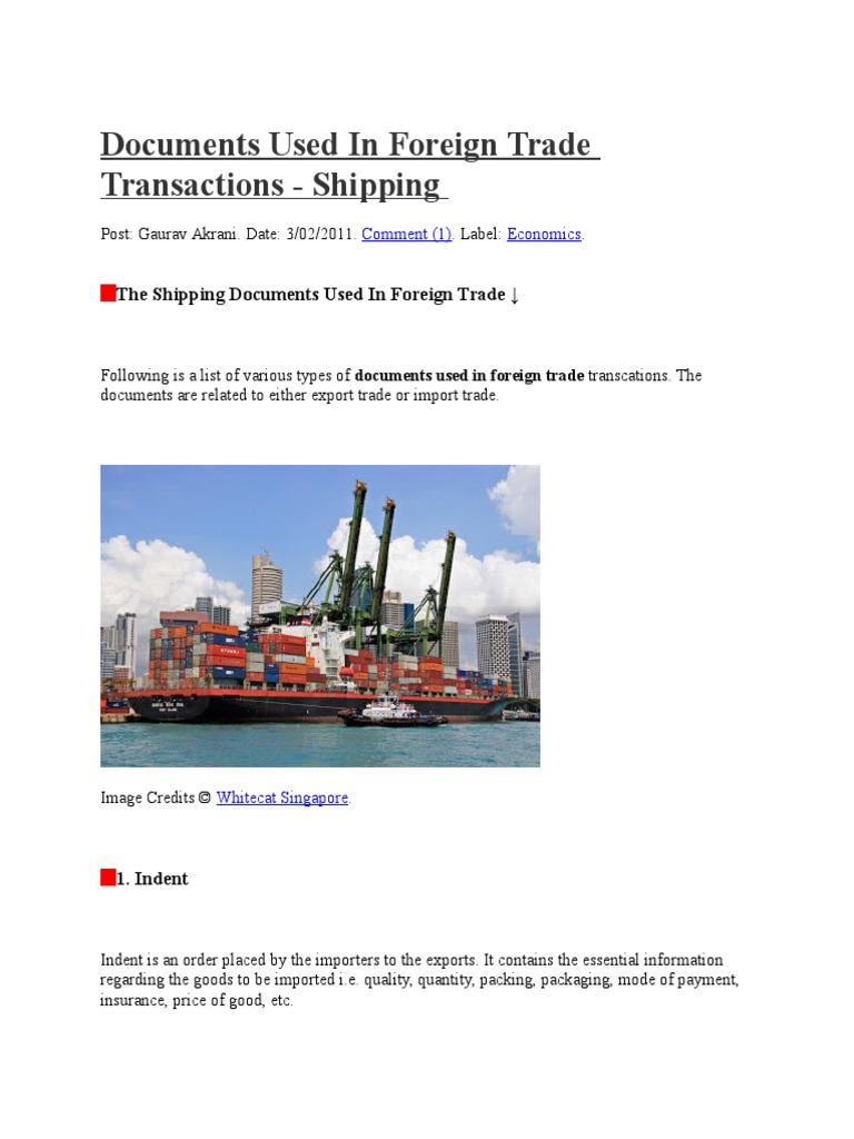 Documents Used in Foreign Trade Transactions | PDF | Bill Of Lading | Cargo