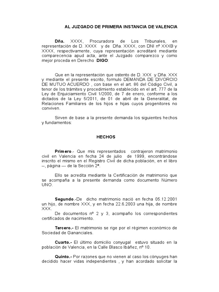 Demanda Divorcio Mutuo Acuerdo | Divorcio | Demanda judicial