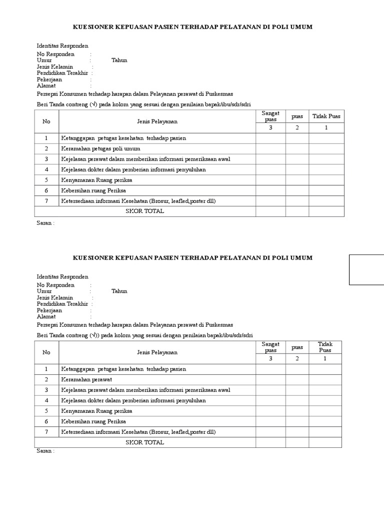 Formulir Kuesioner Kepuasan Pasien | PDF