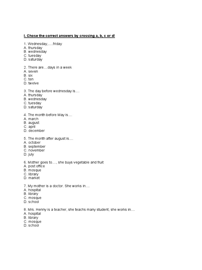 Basic English Quiz: Days and Places | PDF | Language Arts & Discipline