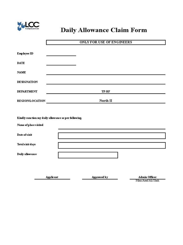 Daily Allowance Claim Form: Only For Use of Engineers | PDF | Payments ...