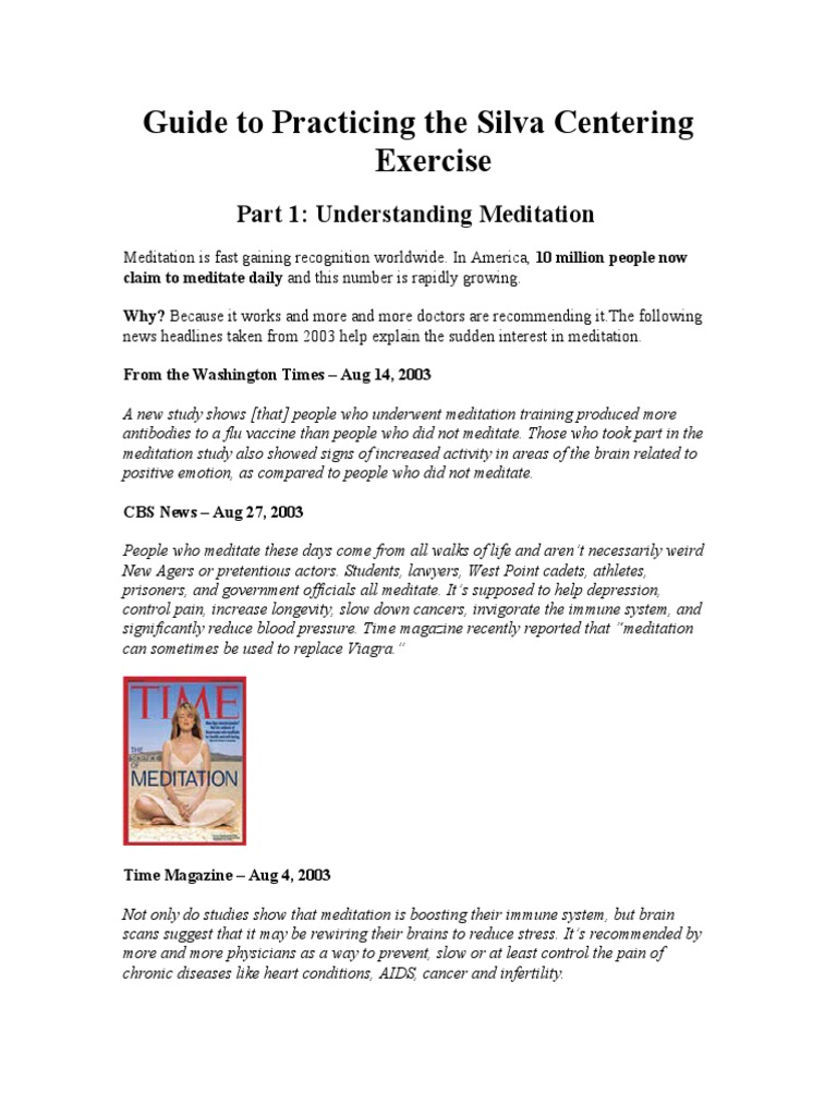 Guide To Practicing The Silva Centering Exercise: Part 1: Understanding Meditation | PDF