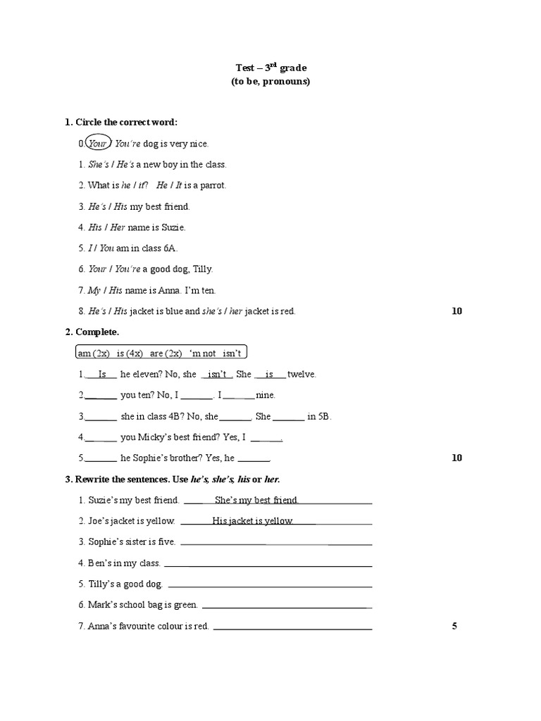 Circle The Correct Word:: Test - 3 Grade (To Be, Pronouns) | PDF ...