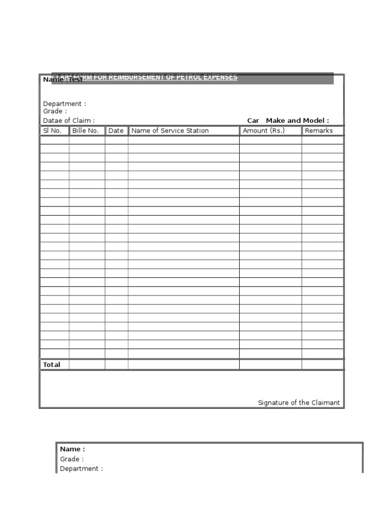 Claim Form For Reimbursement of Petrol Expenses: Name:Test | PDF