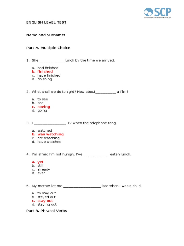 English Level Test: B. Finished | PDF
