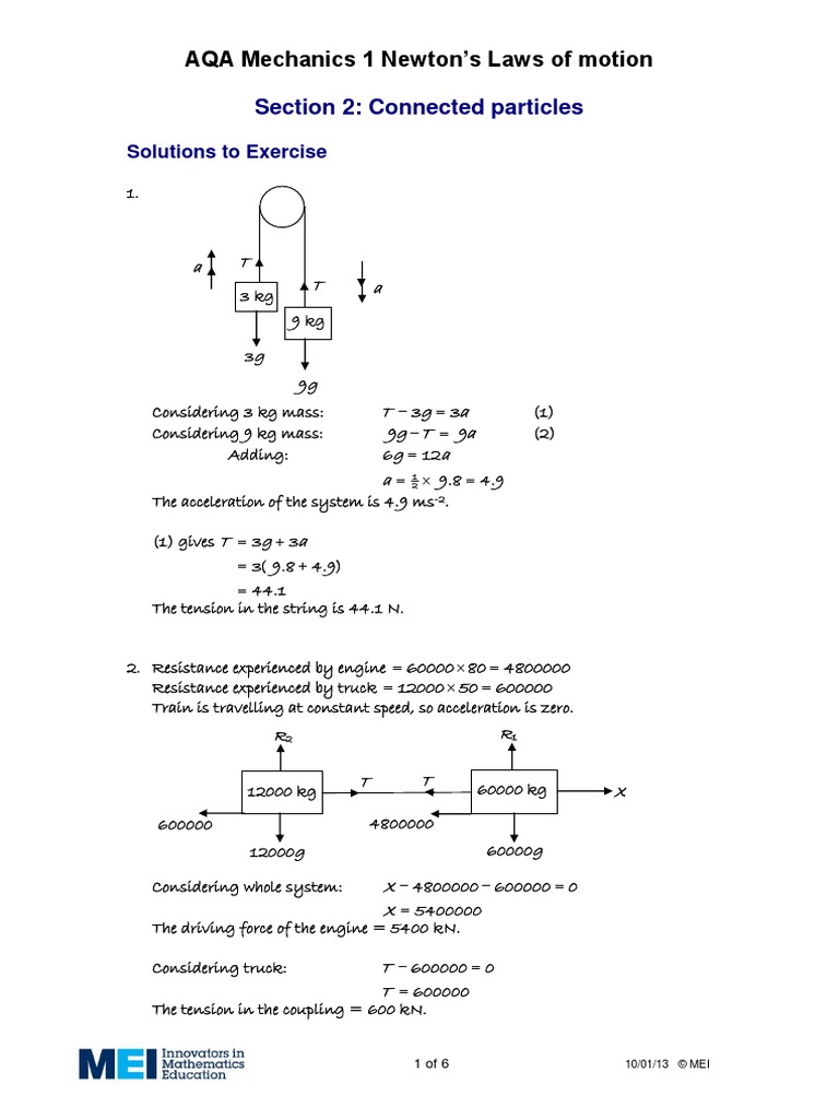 Connected Particles Acceleration Solutions | PDF | Tension (Physics) | Mass