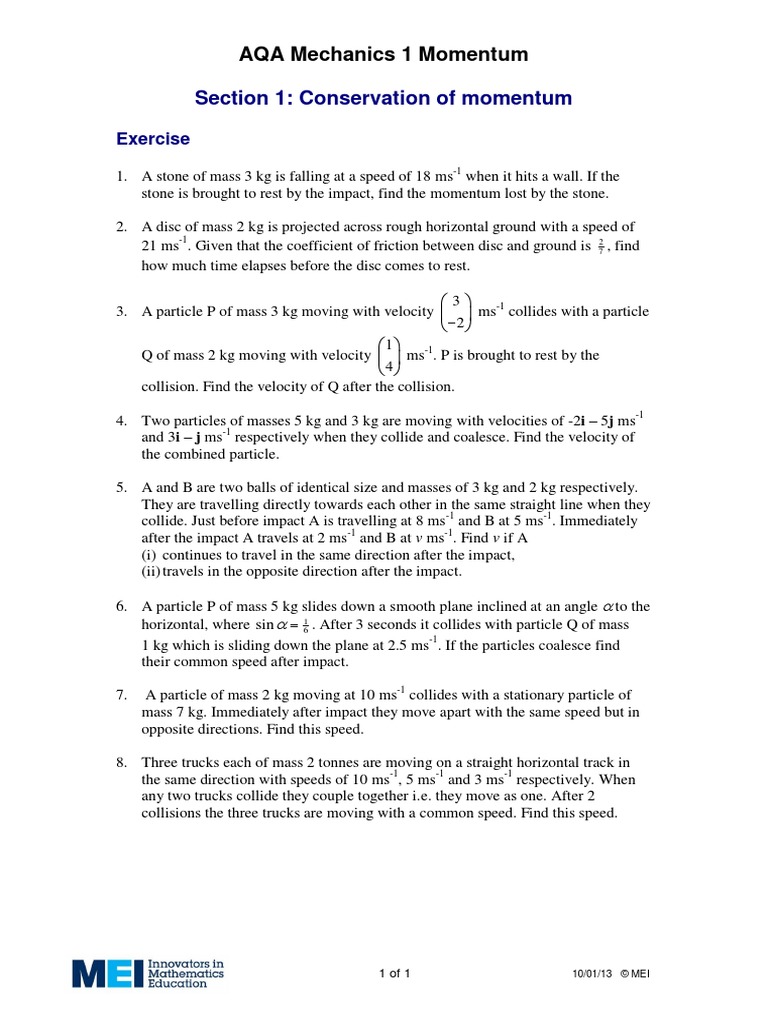 Conservation of Momentum Exercise PDF | PDF