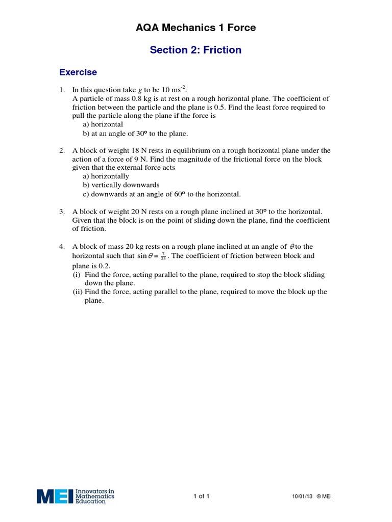 Friction Exercise PDF | PDF