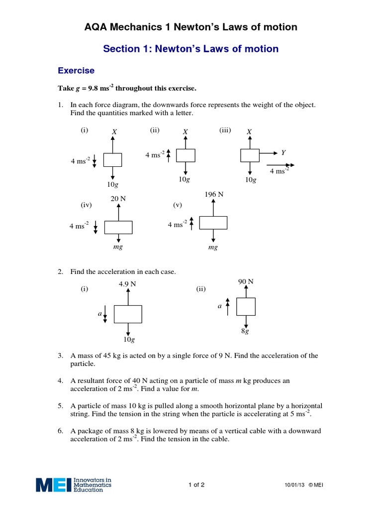 Newton's Laws of Motion Exercise PDF | PDF | Tension (Physics) | Mass