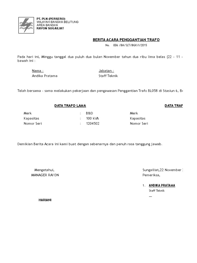 BA Penggantian Trafo | PDF