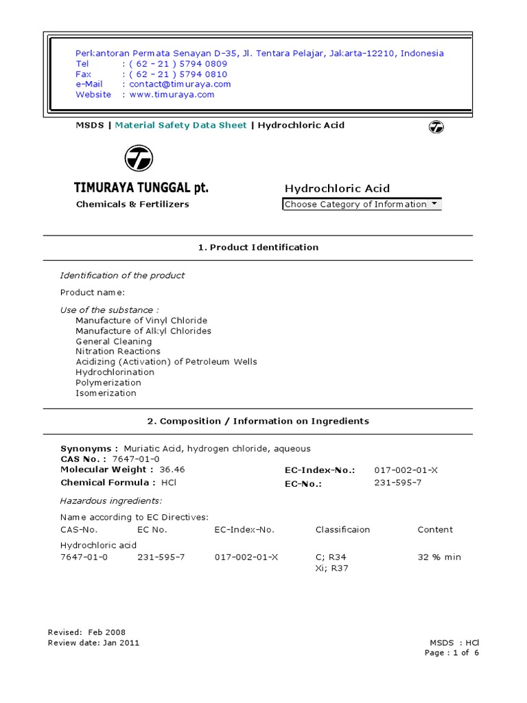 MSDS Hydrochloric Acid | PDF | Hydrochloric Acid | Chlorine
