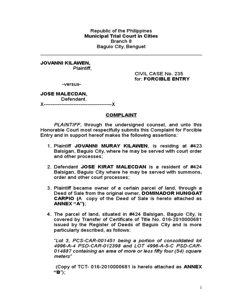 Complaint Forcible Entry | Lawsuit | Legal Concepts