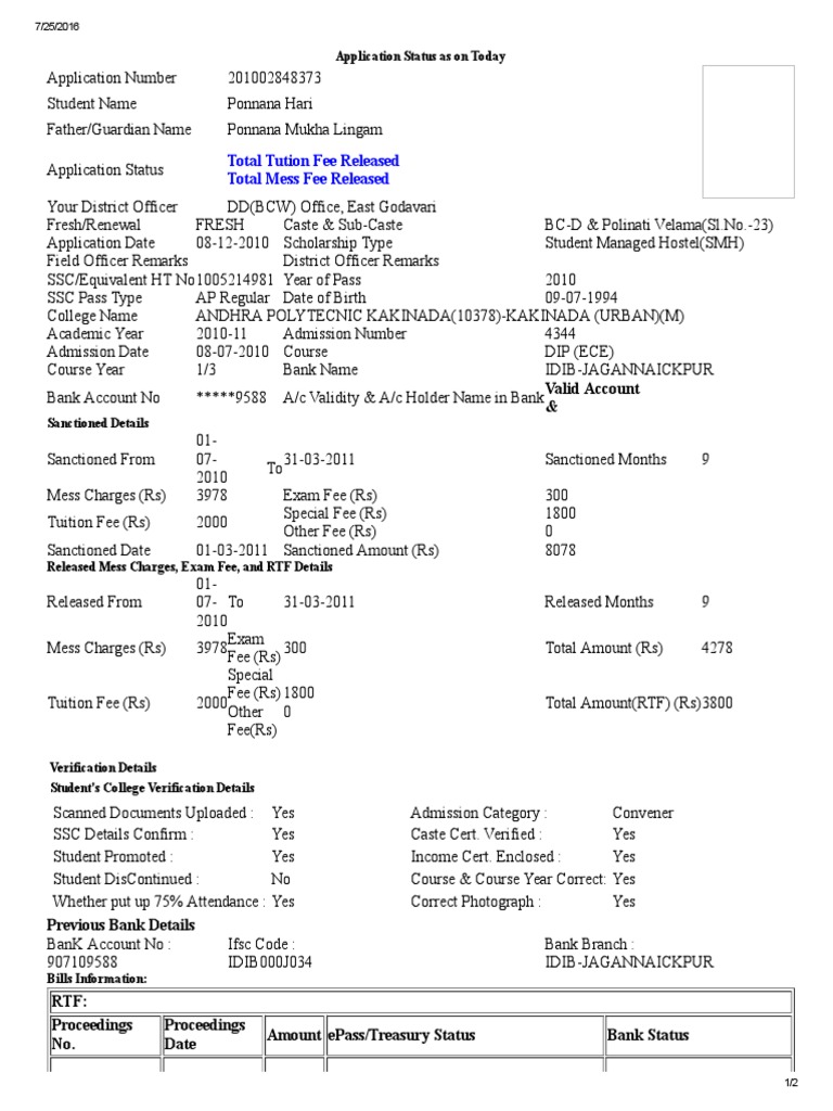 Total Tution Fee Released Total Mess Fee Released: Application Status As On Today | PDF