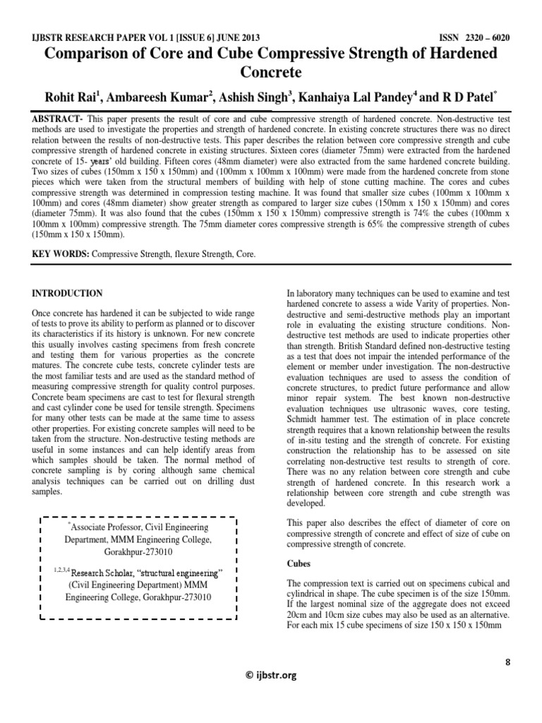 Comparison of Core and Cube Compressive Strength of Hardened Concrete ...