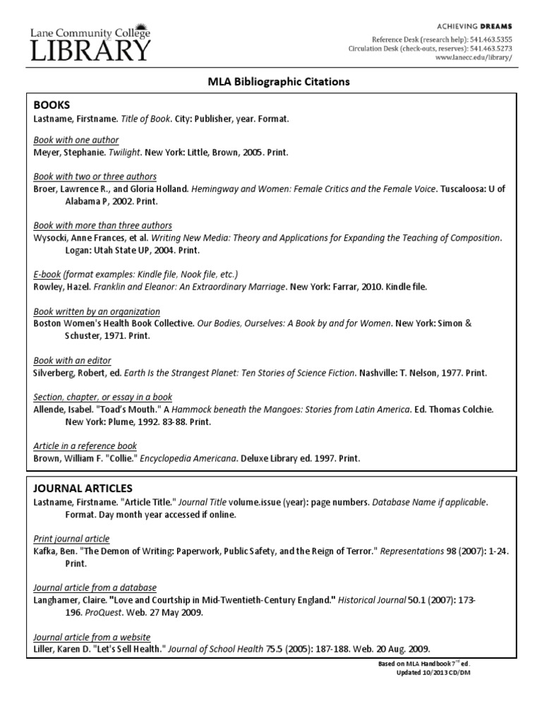 MLA Bibliographic Citations Books: Based On MLA Handbook 7 Ed. Updated ...