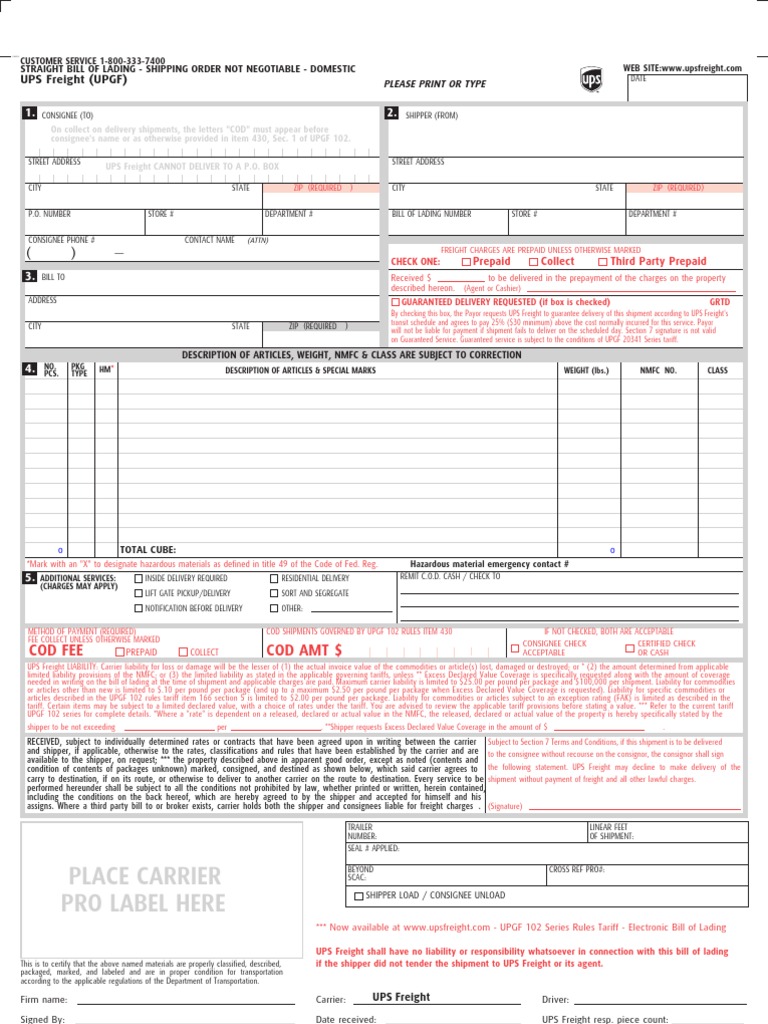 UPS Freight Bill of Lading Template | PDF