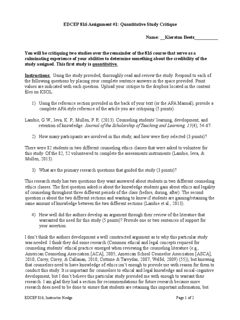 Quantitative Study Critique Guide | PDF | School Counselor ...