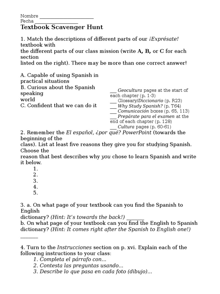 Textbook Scavenger Hunt Spanish 2 | PDF | Communication | Cognition