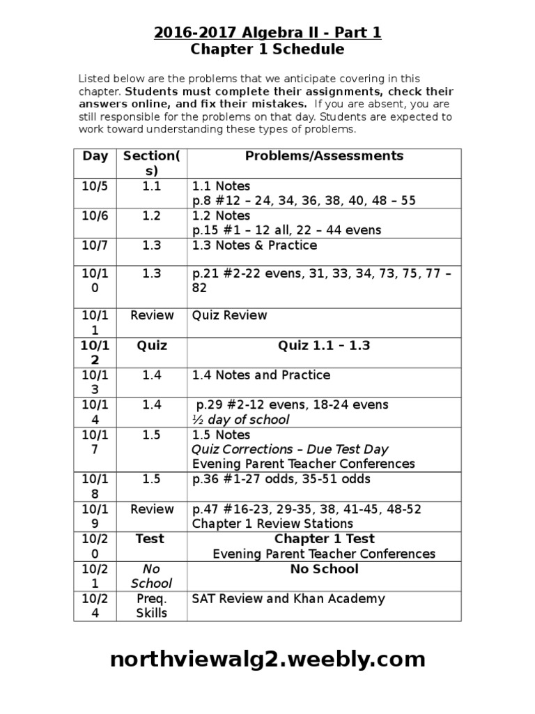 Algebra II Chapter 1 Schedule 2016-2017 | PDF