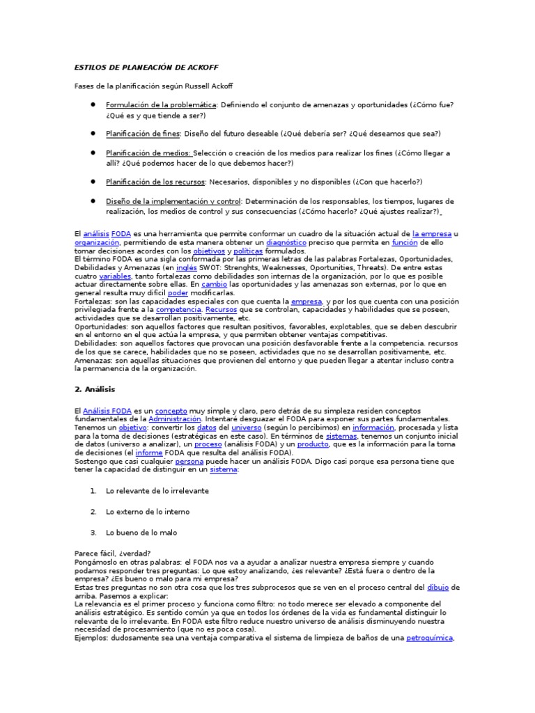 Estilos de Planeación de Ackoff | PDF | Análisis FODA | Planificación