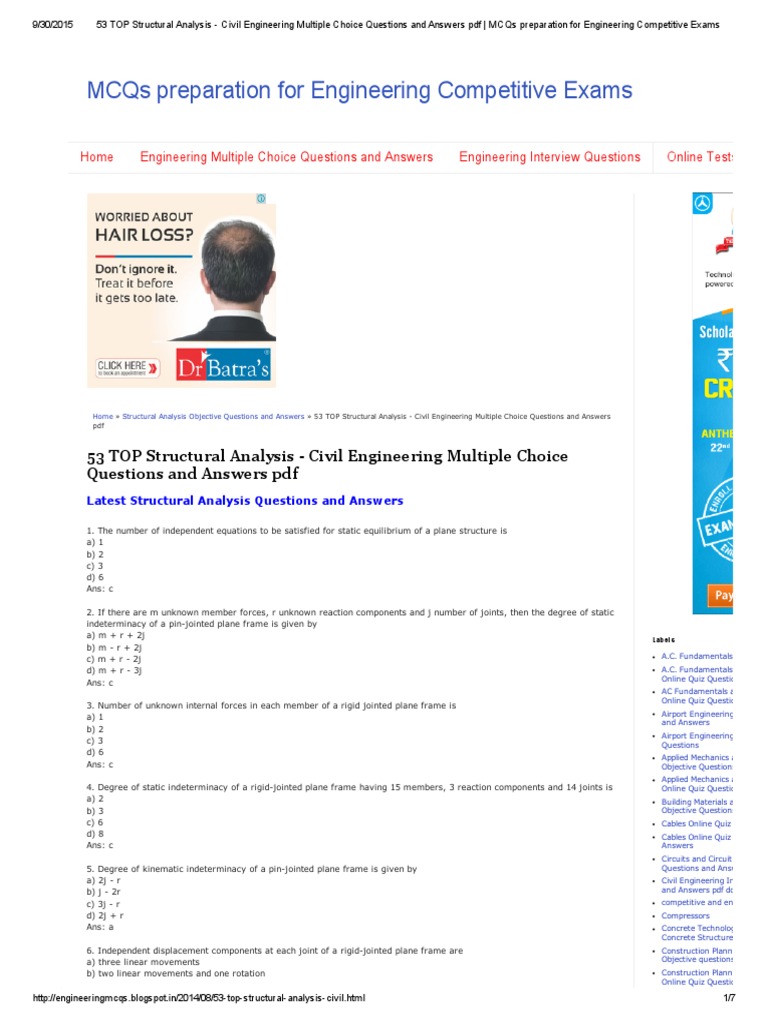 53 TOP Structural Analysis - Civil Engineering Multiple Choice ...