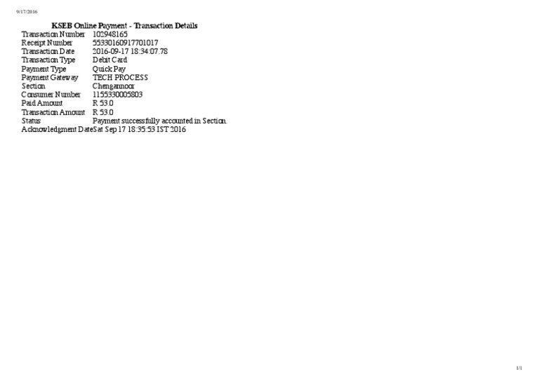 KSEB Online Payment Receipt Details | PDF