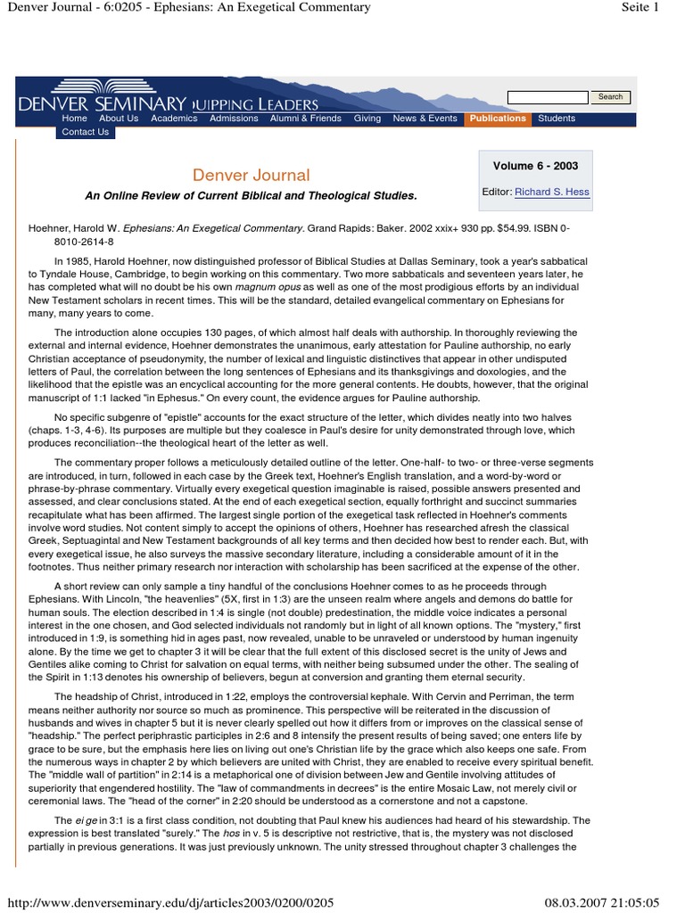 Review Hoehner, Harold W., Ephesians - An Exegetical Commentary | PDF ...