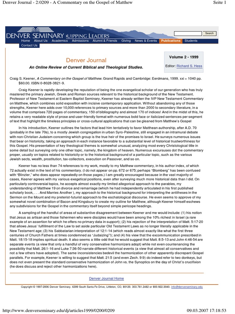 Review Keener Craig S A Commentary On The Gospel Of Matthew Pdf