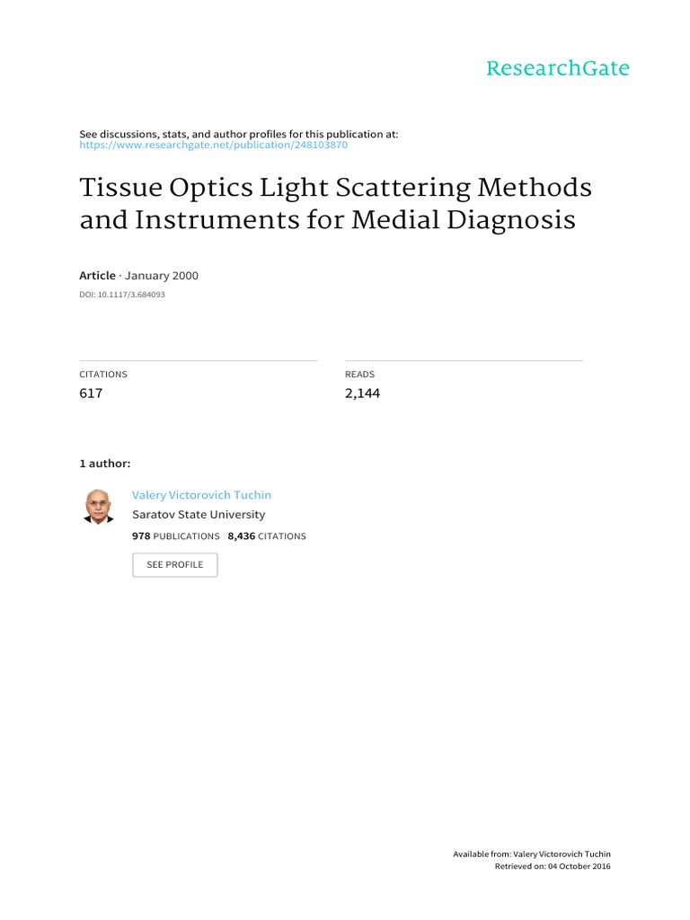 Tissue Optics Light Scattering Methods and Instrum | PDF | Scattering | Medical Imaging