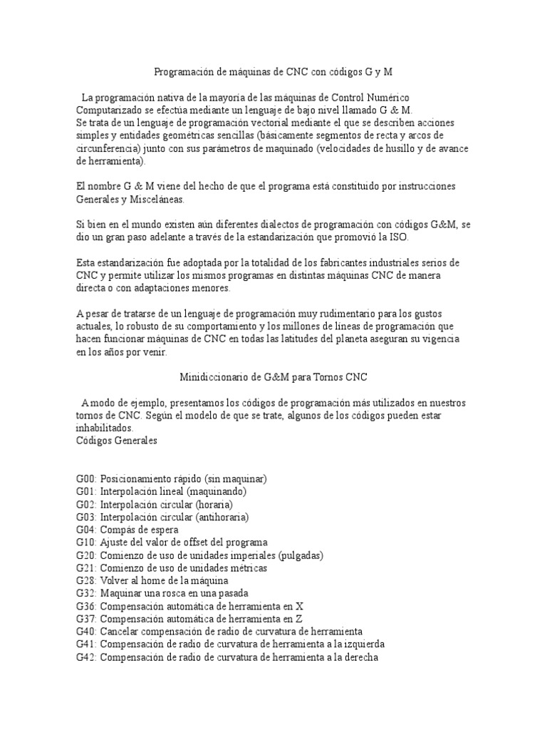 Programación Con Códigos G y M en CNC | PDF | Control numerico ...