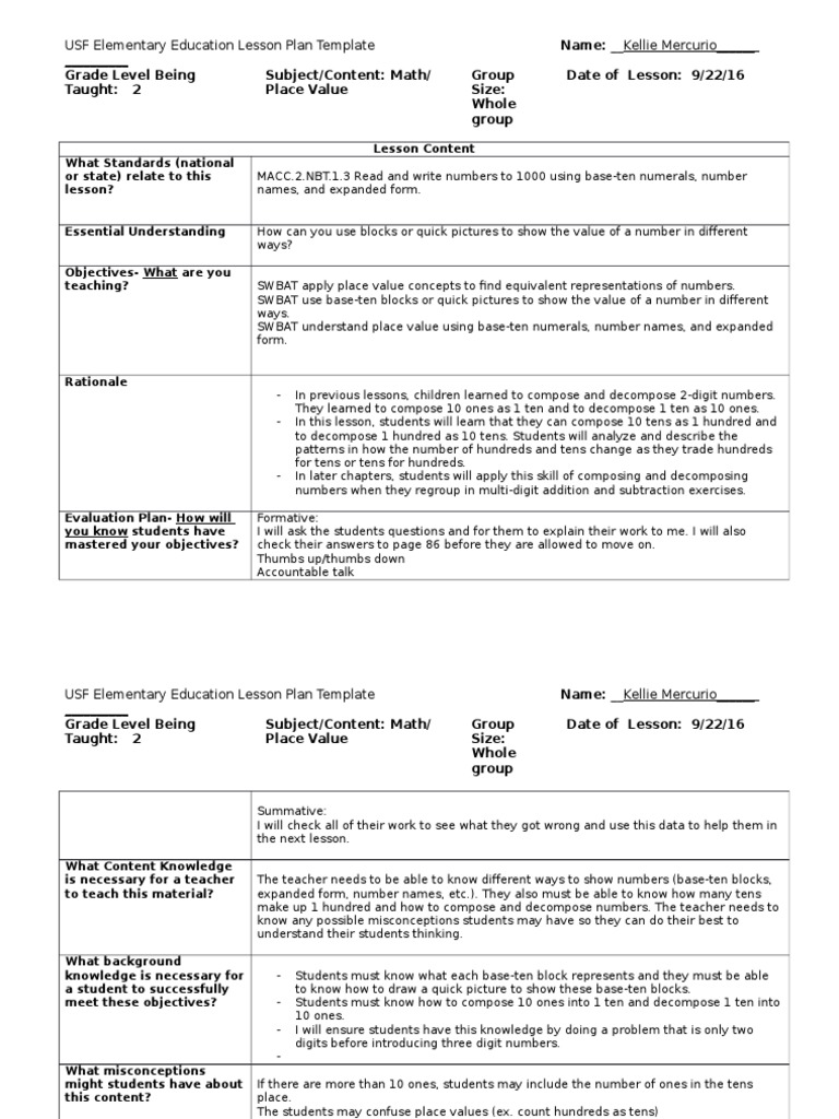 USF Elementary Education Lesson Plan Template | PDF | Lesson Plan ...