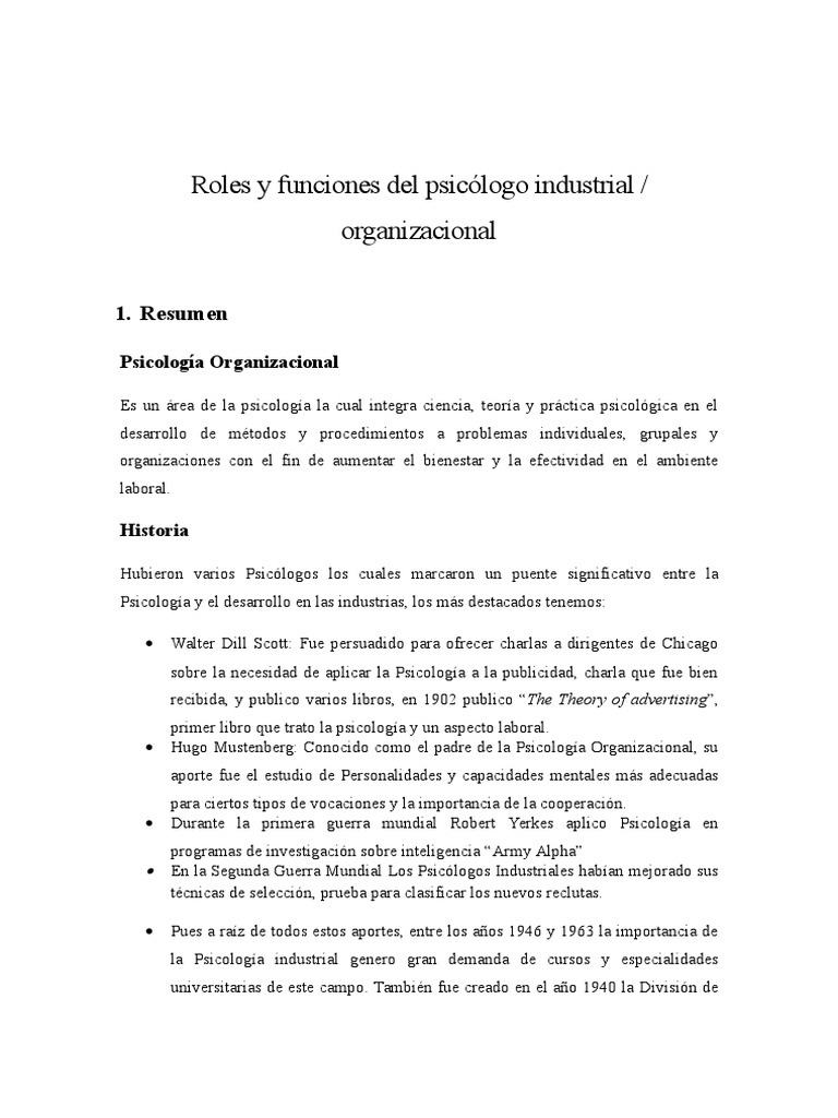 Roles Y Funciones Del Psicólogo Industrial Pdf Psicología