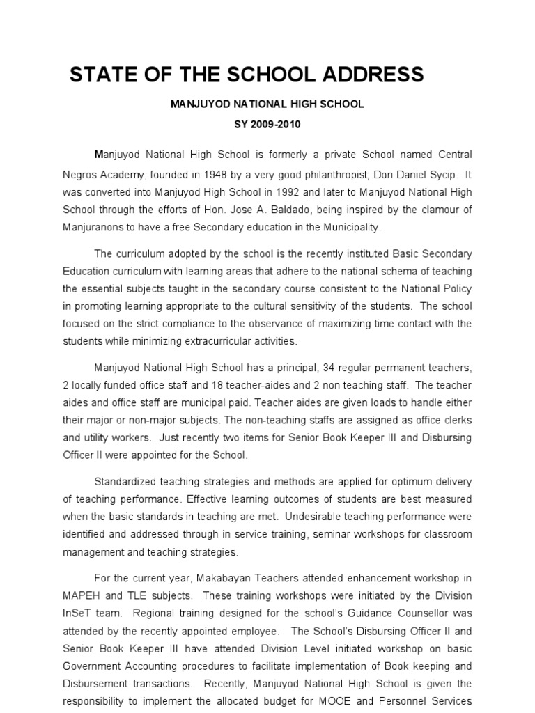 State of The School Address 2009-2010 | PDF | Schools | Teachers