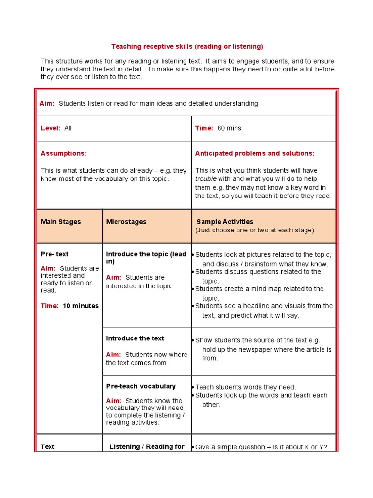 Lesson Plan for Teaching Receptive Skills | PDF | Lesson Plan | Vocabulary