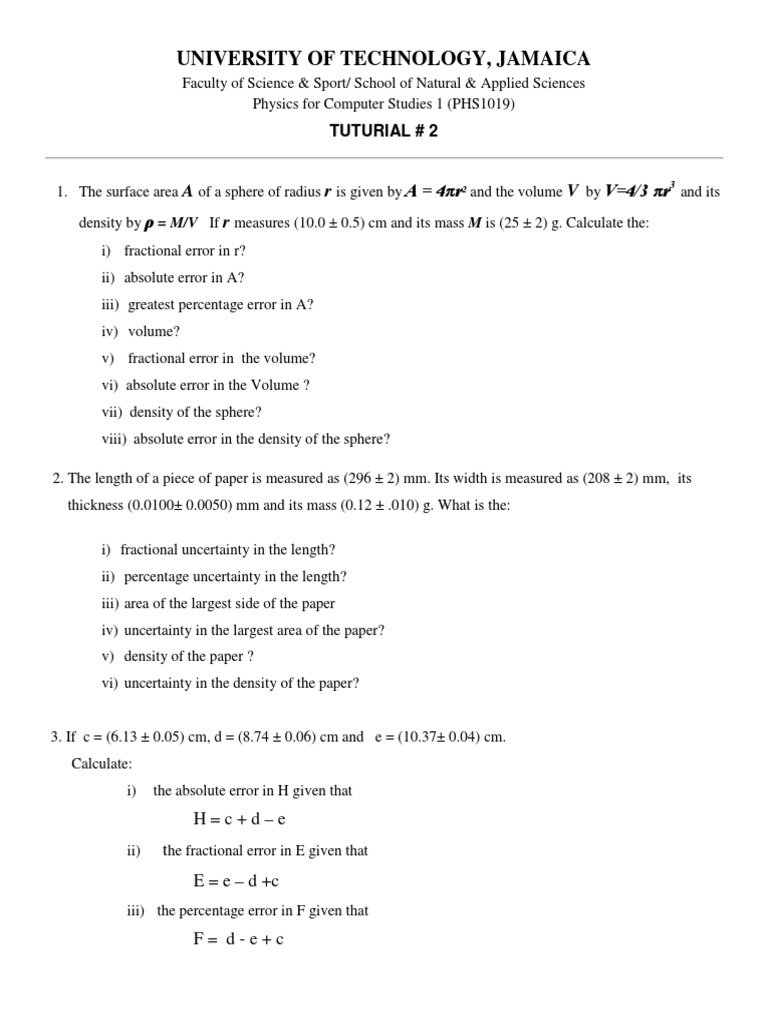 Tutorial 2 Error Analysis Pdf Density Volume 2650