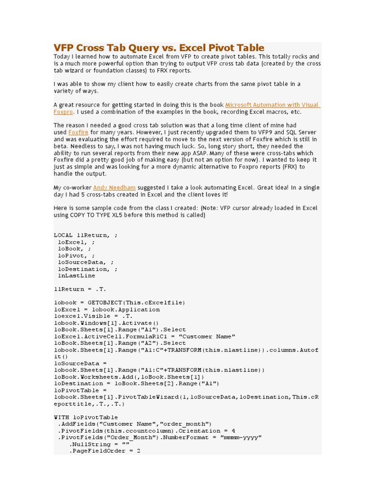 VFP Cross Tab Query Vs | Microsoft Excel | Databases