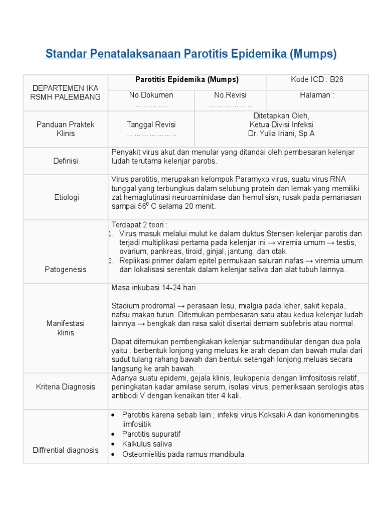 Standar Penatalaksanaan Parotitis Epidemika | PDF