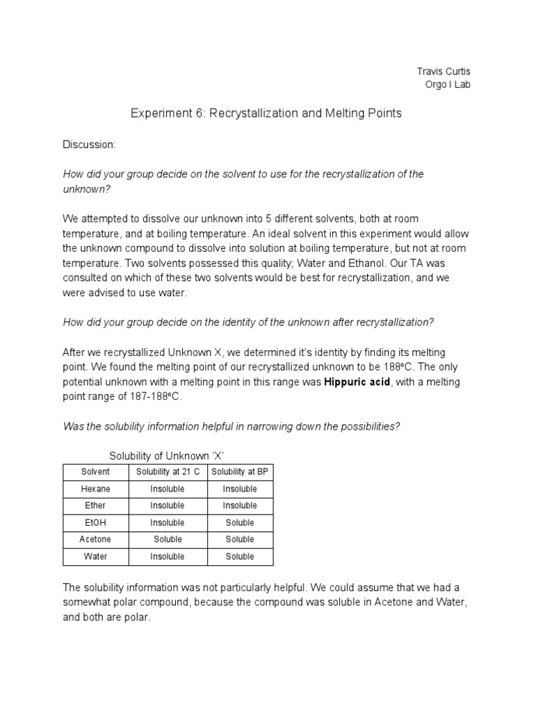 Experiment 6: Recrystallization and Melting Points | PDF | Solubility ...