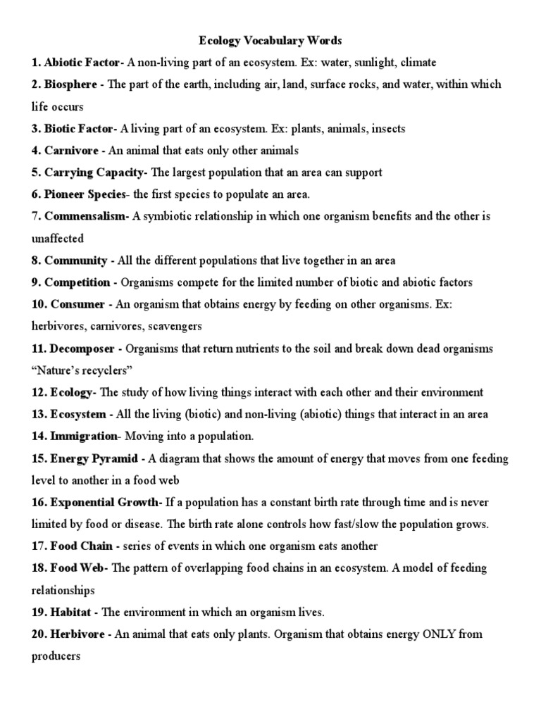 Ecology Vocabulary Words | PDF | Predation | Ecosystem