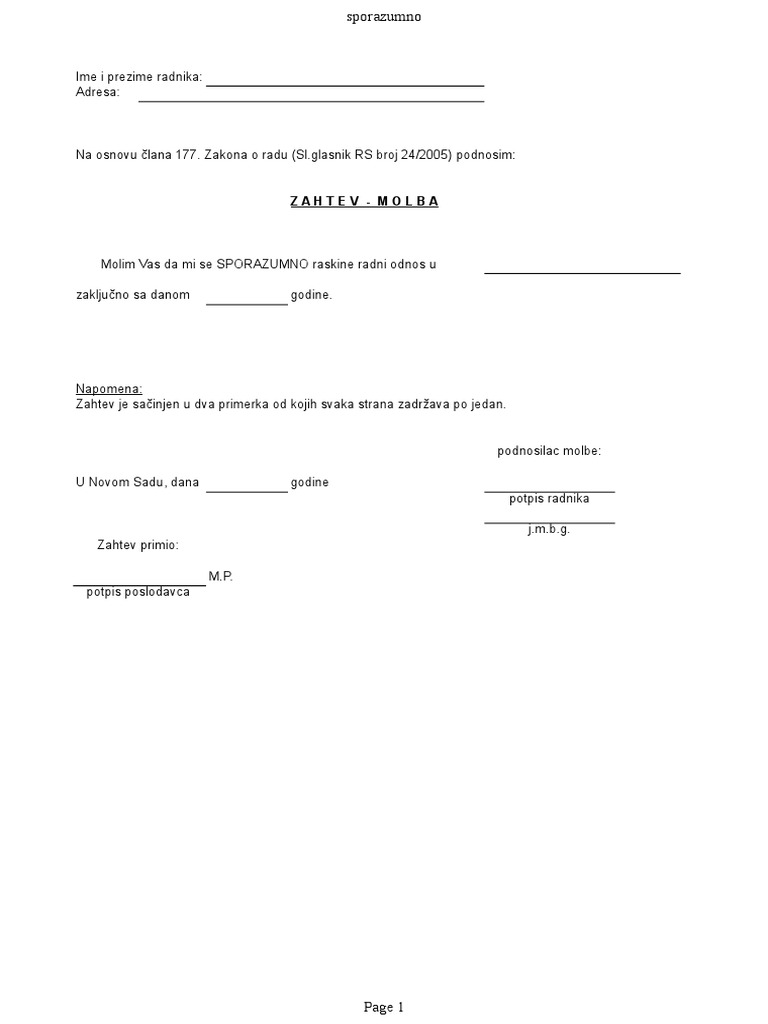 7190178 Zahtev Radnika Za Raskid Radnog Odnosa