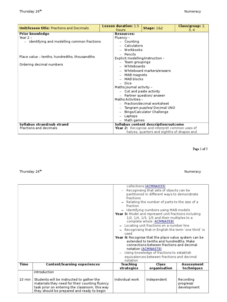 Unit/lesson Title: Fractions and Decimals Lesson Duration: 1.5 Stage: 1 ...