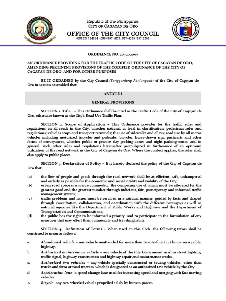 O10551-2007 (Providing For The Traffic Code of Cagayan de Oro City ...