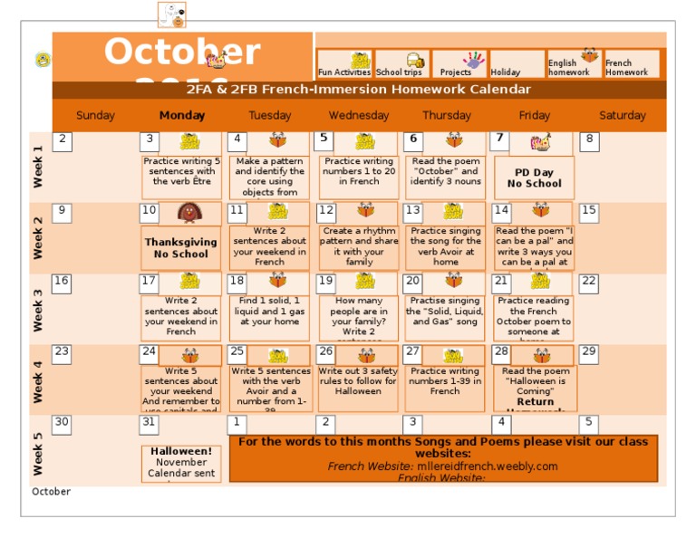 October Homework Calendar 2fa 2fb | PDF