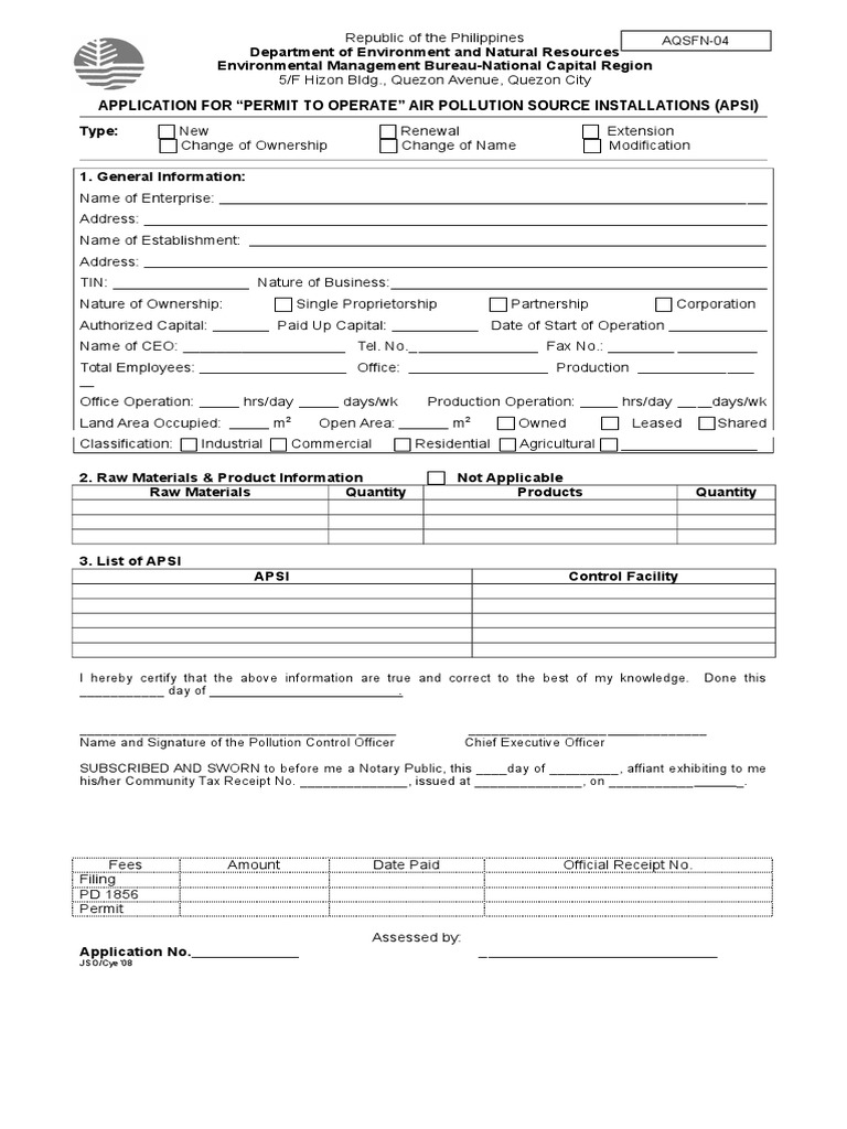 Application Form For Permit To Operate (PTO) Air Pollution Source ...