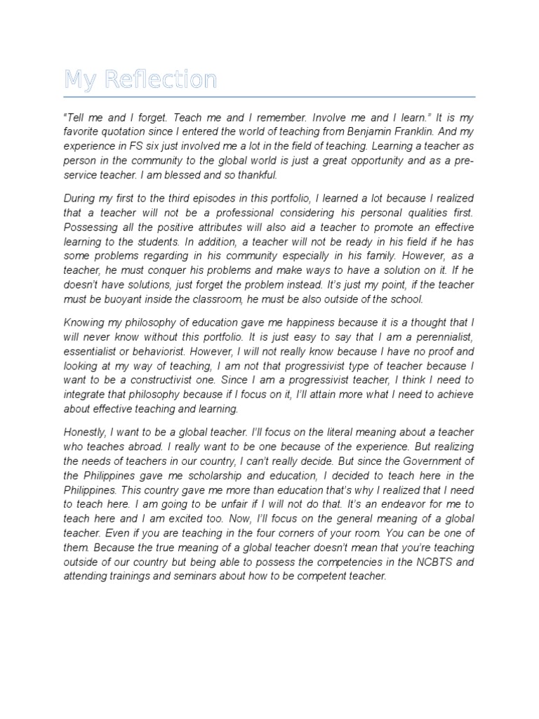 Reflection and Future Application in FS 6 | PDF | Philosophy Of ...