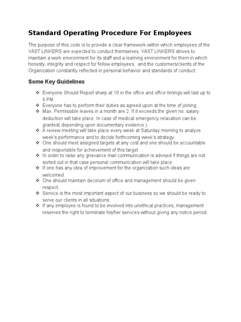 Standard Operating Procedure For Employees: Some Key Guidelines | PDF ...